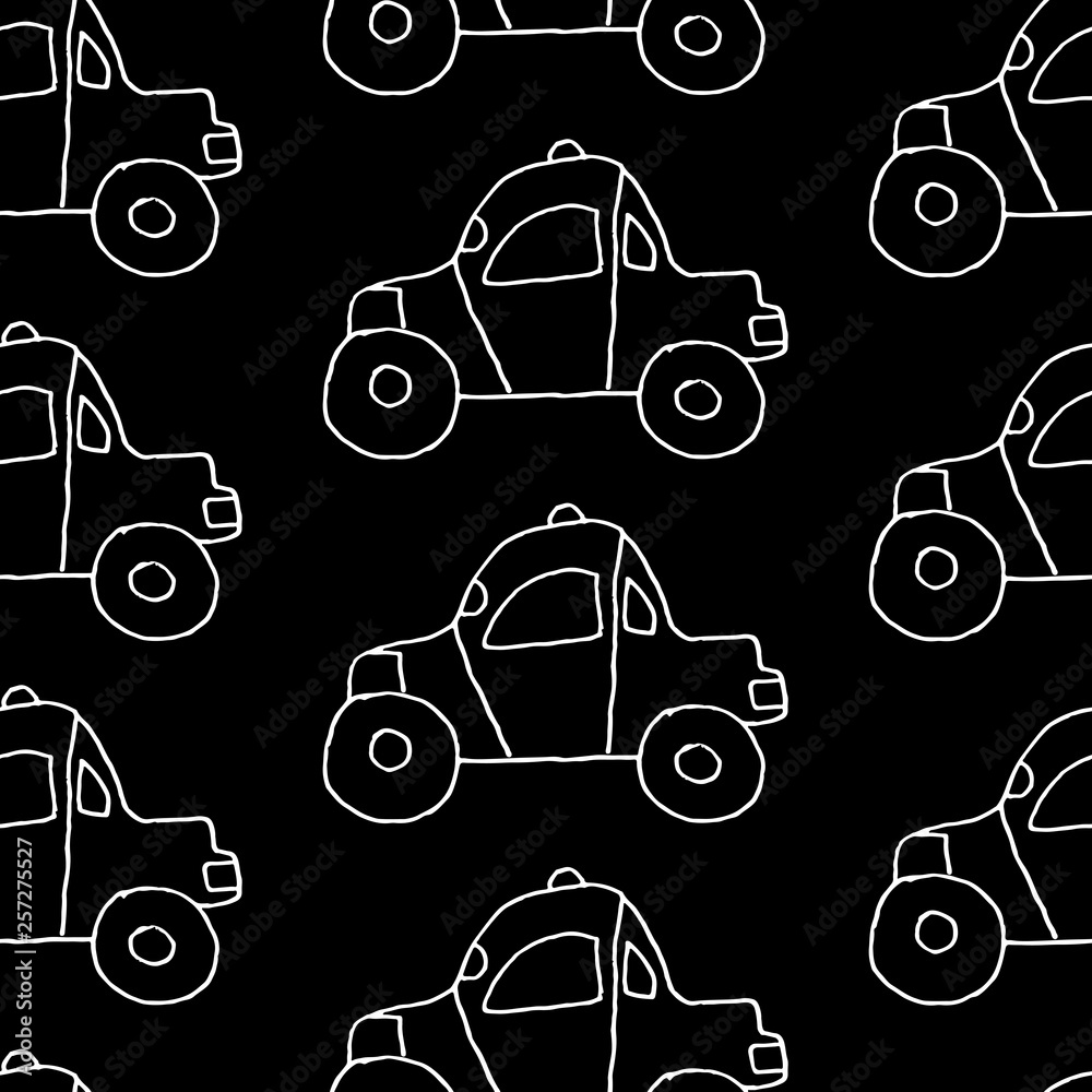 Cartoon car pattern with hand drawn cars. Cute vector black and white ...