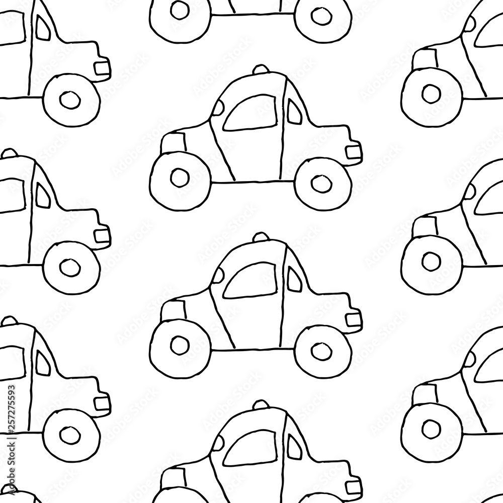 Cartoon car pattern with hand drawn cars. Cute vector black and white ...