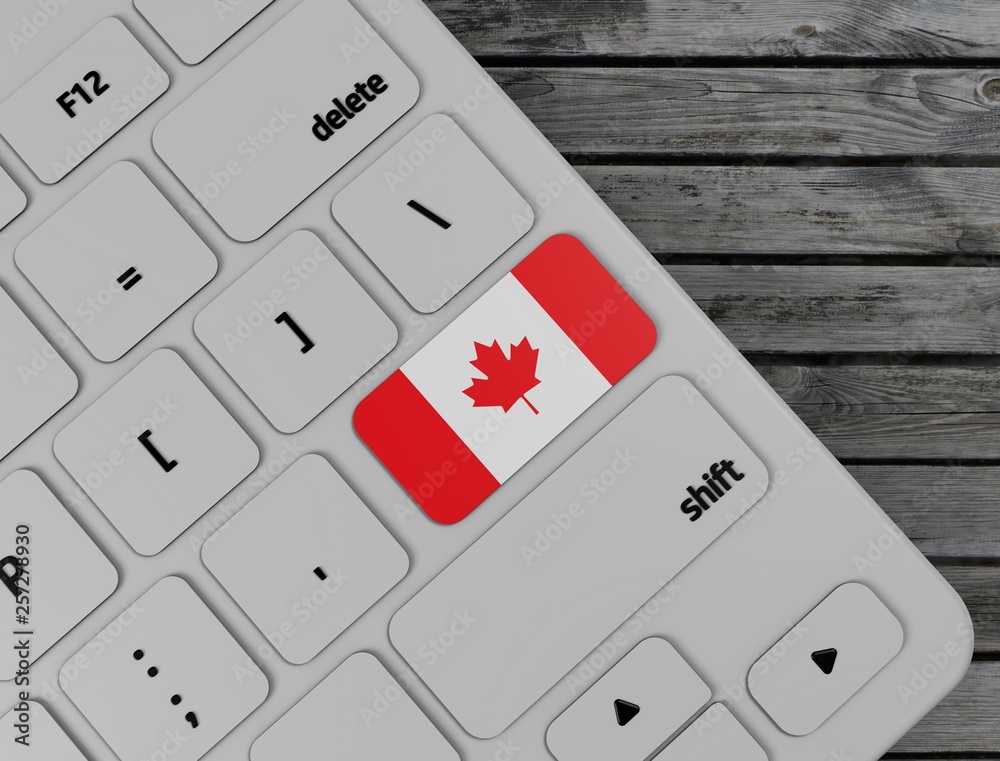 Canada flag enter key on white keyboard, on wood background. 3d render ...
