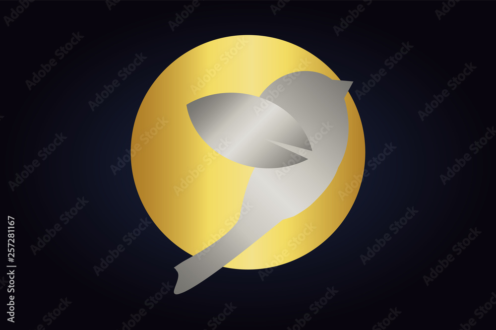 Little Silver bird silhouette near the golden sun. Gold circle behind ...