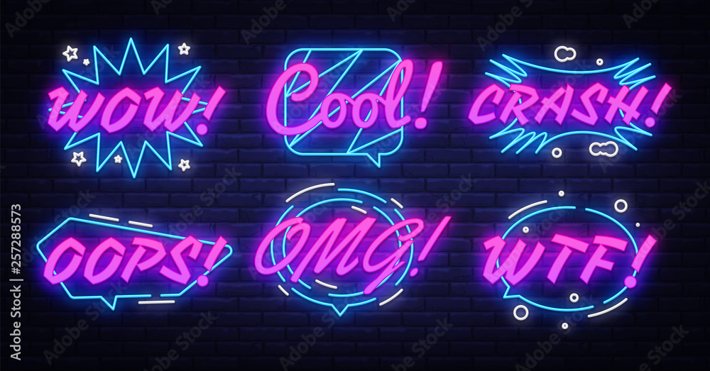 Neon comic speech bubbles set with different emotions and text Wow ...