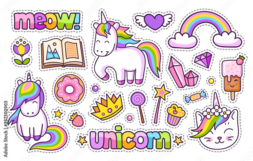 Magic unicorn, rainbow, book, meow, crown and ice cream. Set of cartoon ...