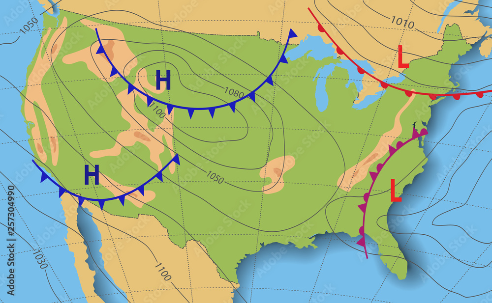 Weather forecast. Meteorological weather map of the United State of ...