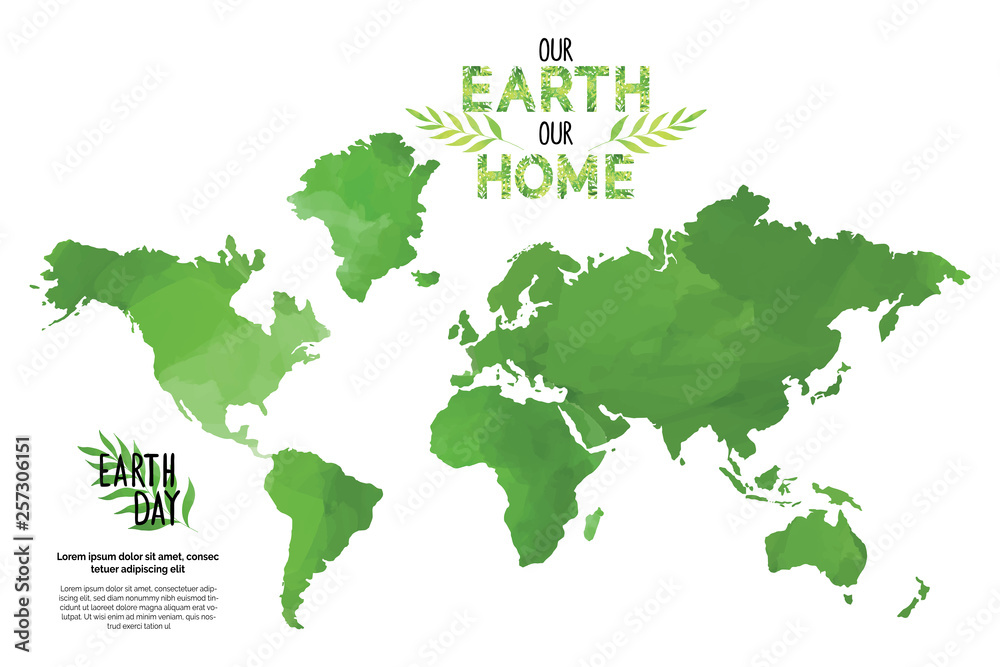 World map green artistic silhouette on white background, earth day ...