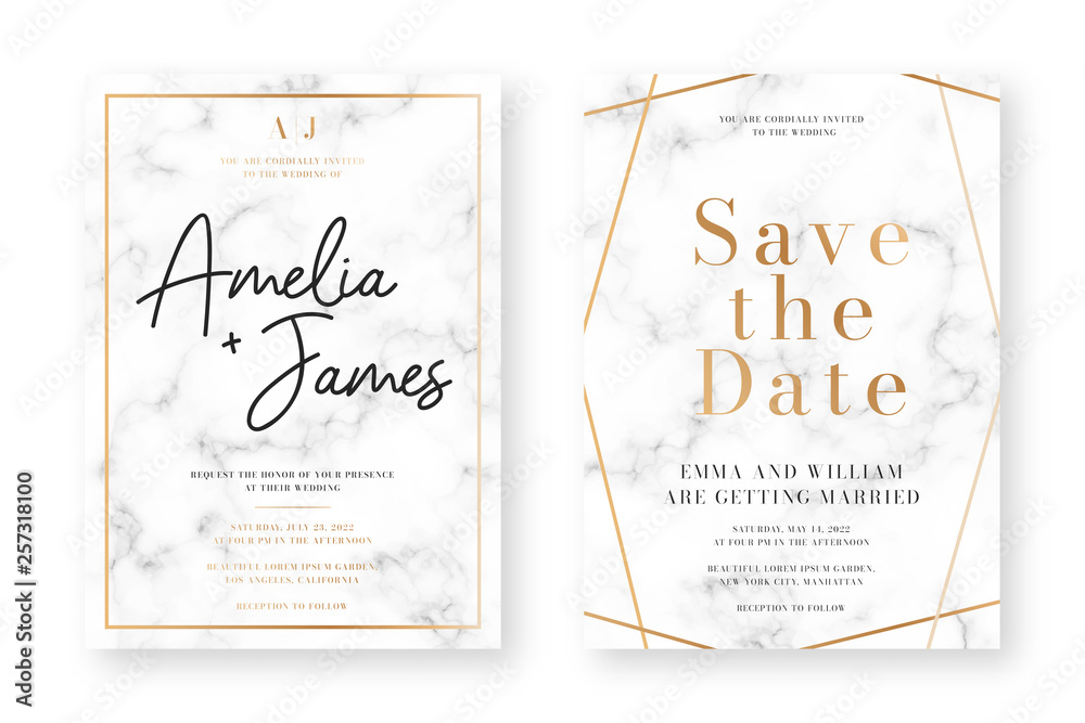 Wedding card design with golden frames and marble texture. Wedding ...