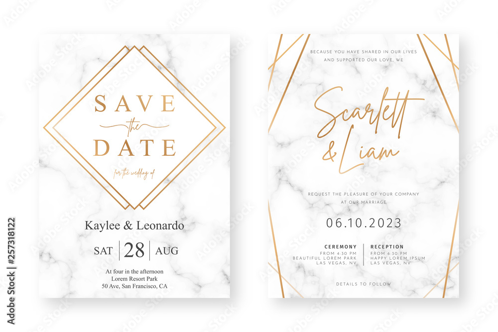 Wedding card design with golden frames and marble texture. Wedding ...