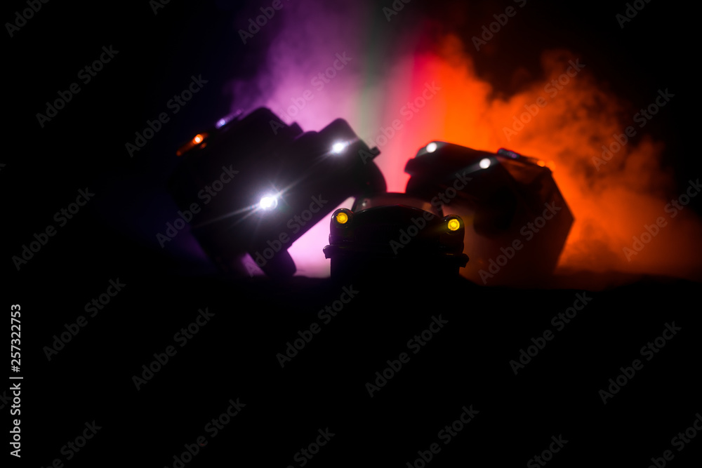 Police car chasing a car at night with fog background. 911 Emergency ...