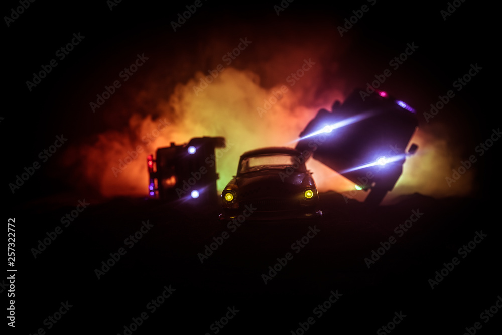 Police car chasing a car at night with fog background. 911 Emergency ...