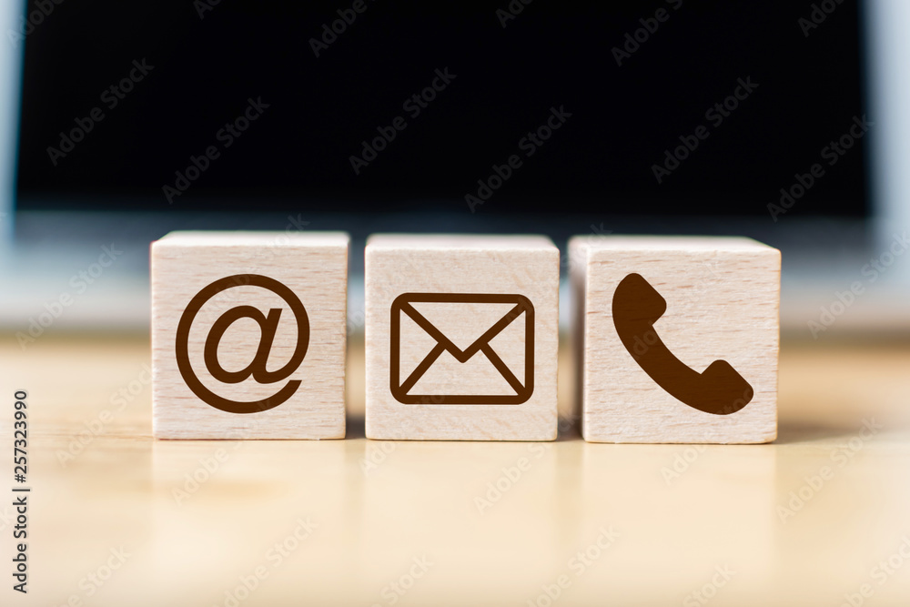 Wood block symbol telephone, mail, address and mobile phone. Website ...