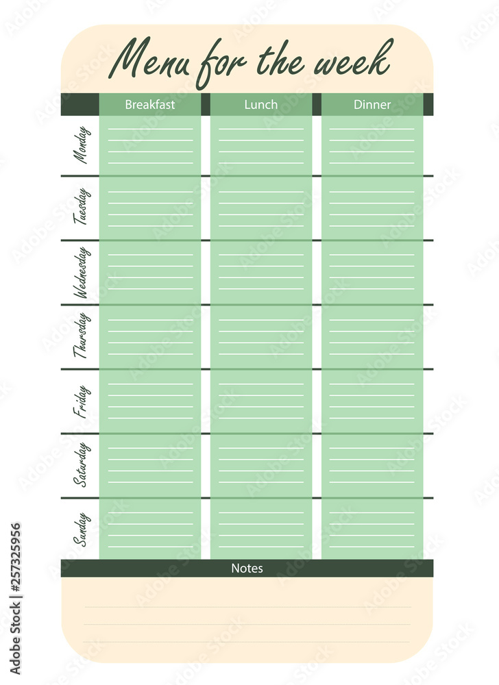 green menu options for the week. template for food diary. meal plan for ...