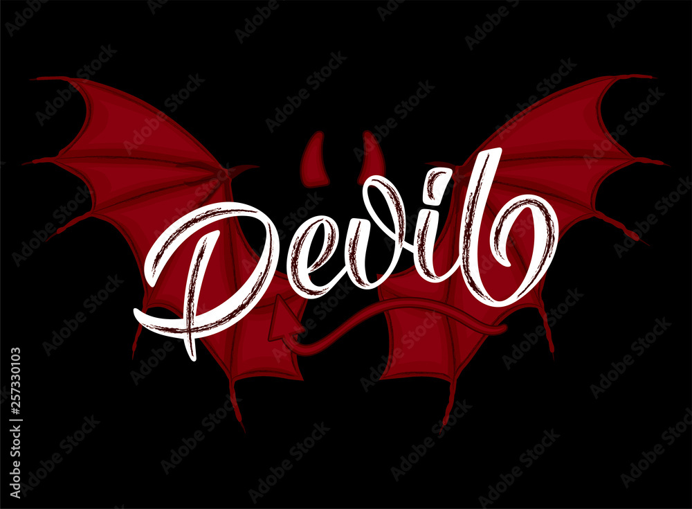 Vector lettering illustration of "Devil" with wings and horns text for ...