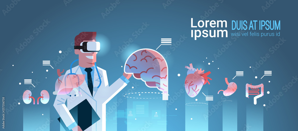 male doctor wearing digital glasses looking virtual reality brain human ...
