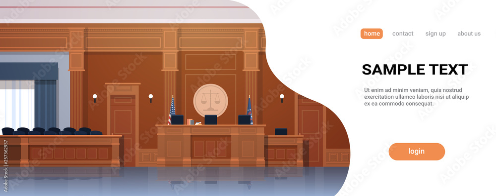 empty courtroom with judge workplace and jury box seats modern ...