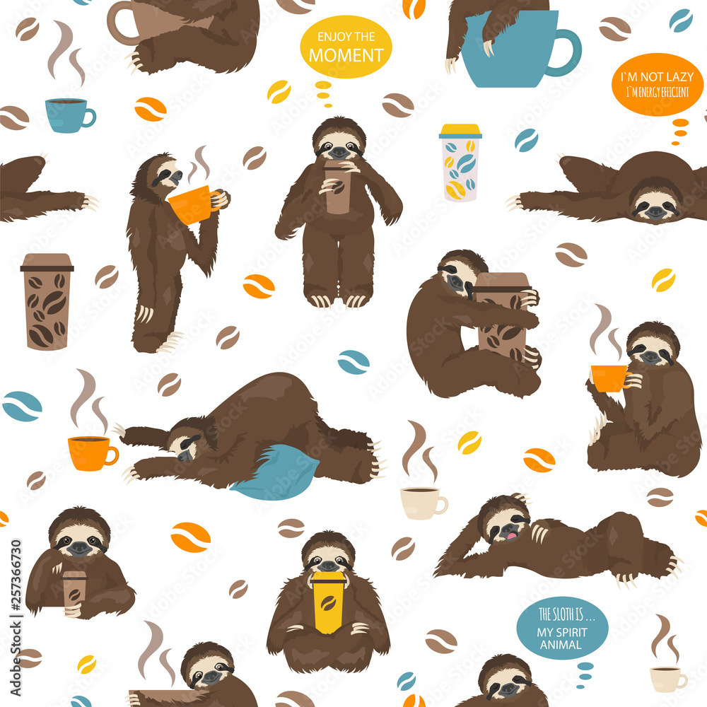 Sloths drink coffee seamless pattern. Funny cartoon animals in ...