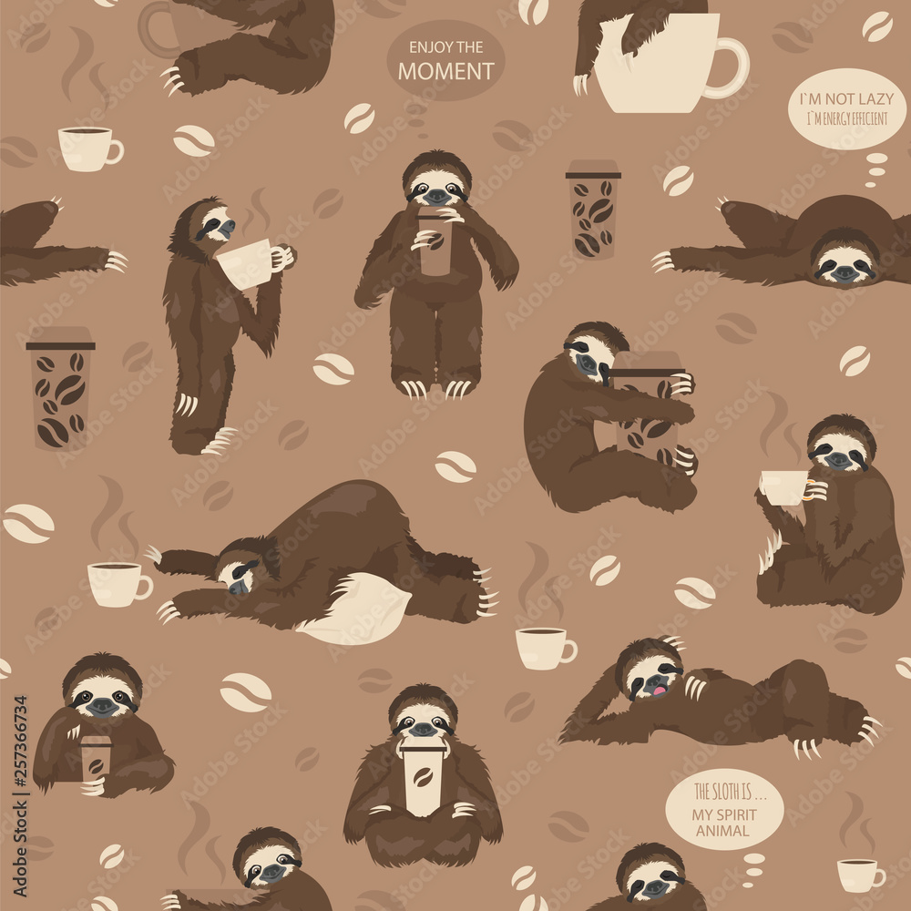 Sloths drink coffee seamless pattern. Funny cartoon animals in ...