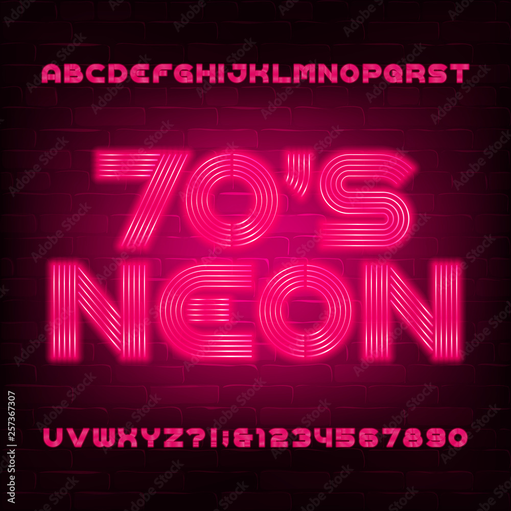 Red neon alphabet font in 70s style. Neon color light bulb letters and ...