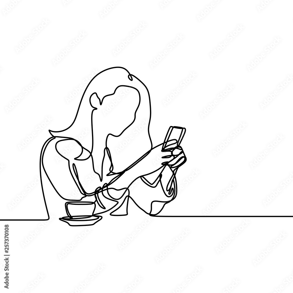 Girl playing and using smart phone continuous line drawing. One lineart ...