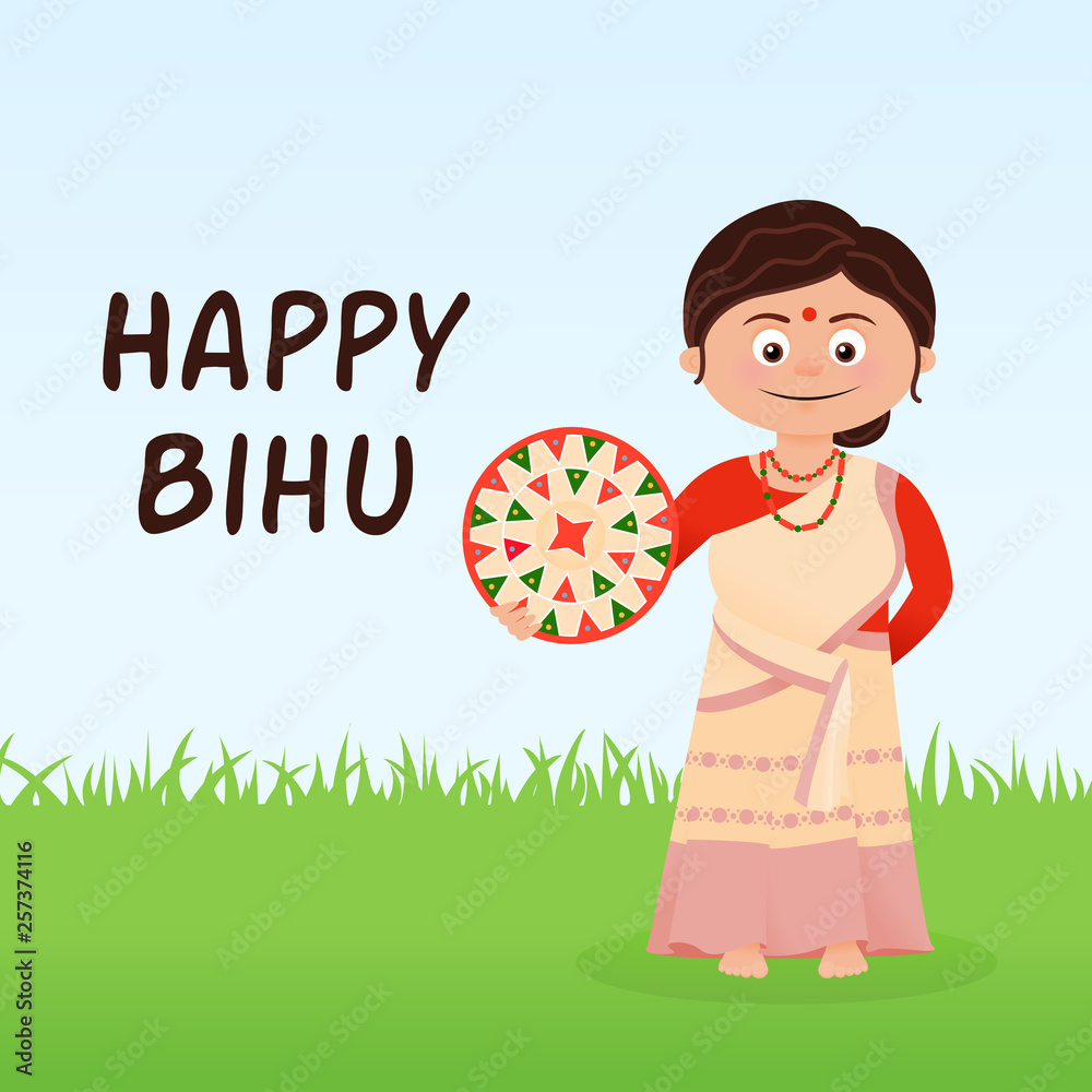 Happy Bihu festival card with woman from India performing Bihu folk ...
