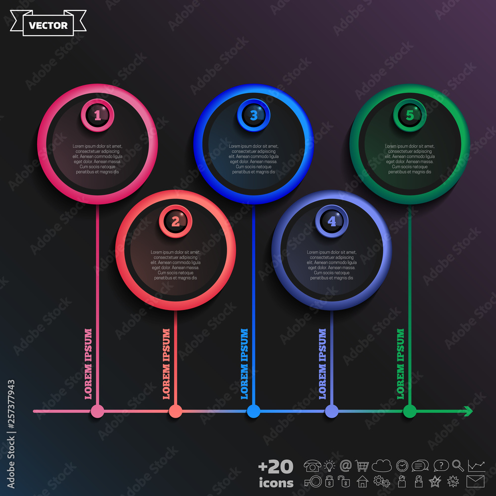 Timeline infographics design with colorful circle on the black ...