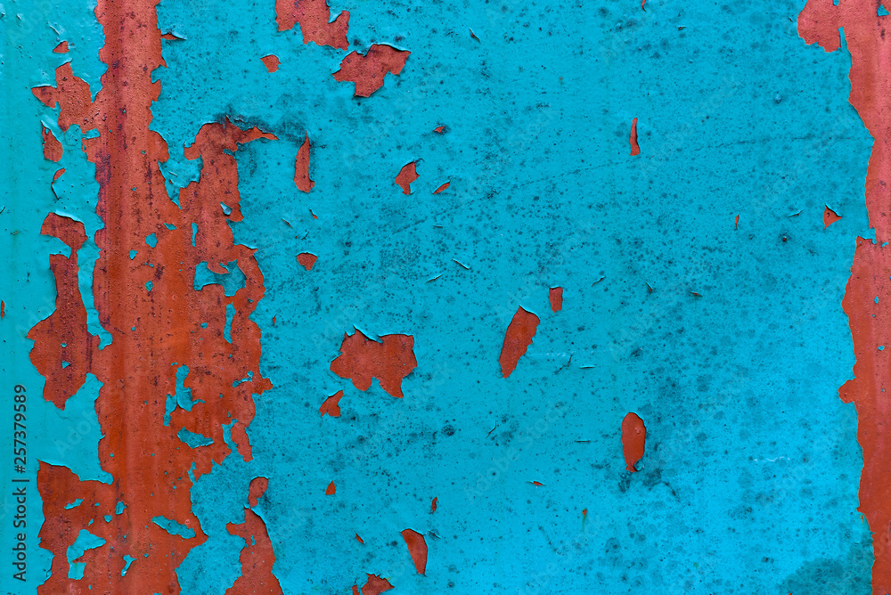 old painted rusty metal surface with corrosion traces for texture or ...