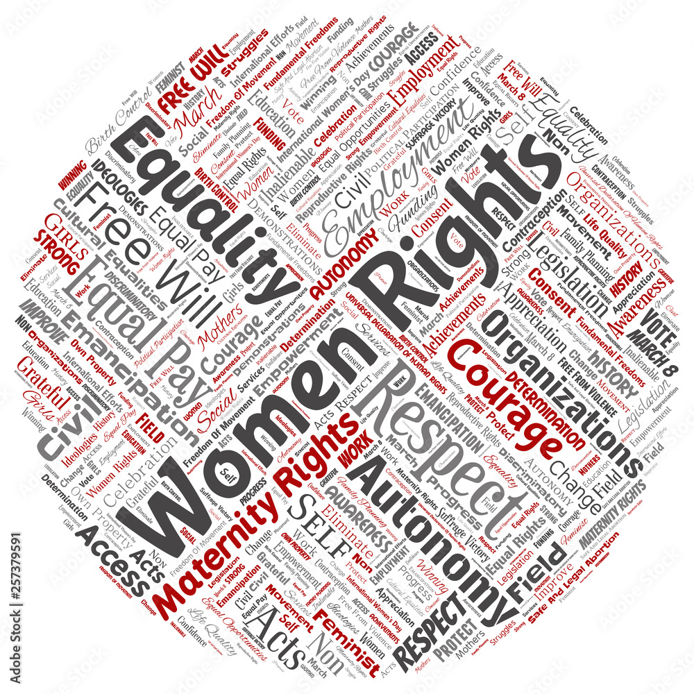 Vector women rights, equality, free-will round circle red word cloud ...