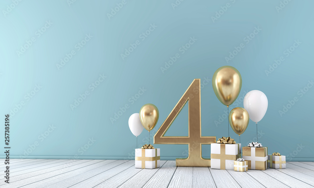 Number 4 party celebration room with gold and white balloons and gift ...