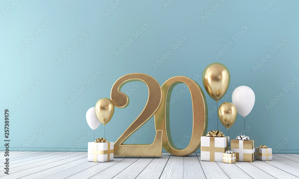 Number 20 party celebration room with gold and white balloons and gift ...