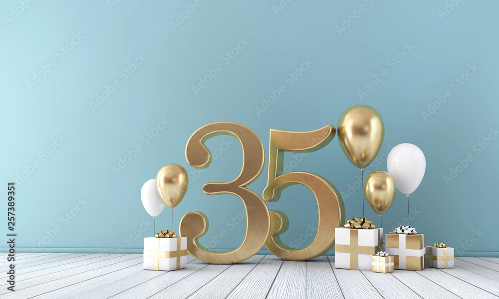 Number 35 party celebration room with gold and white balloons and gift ...
