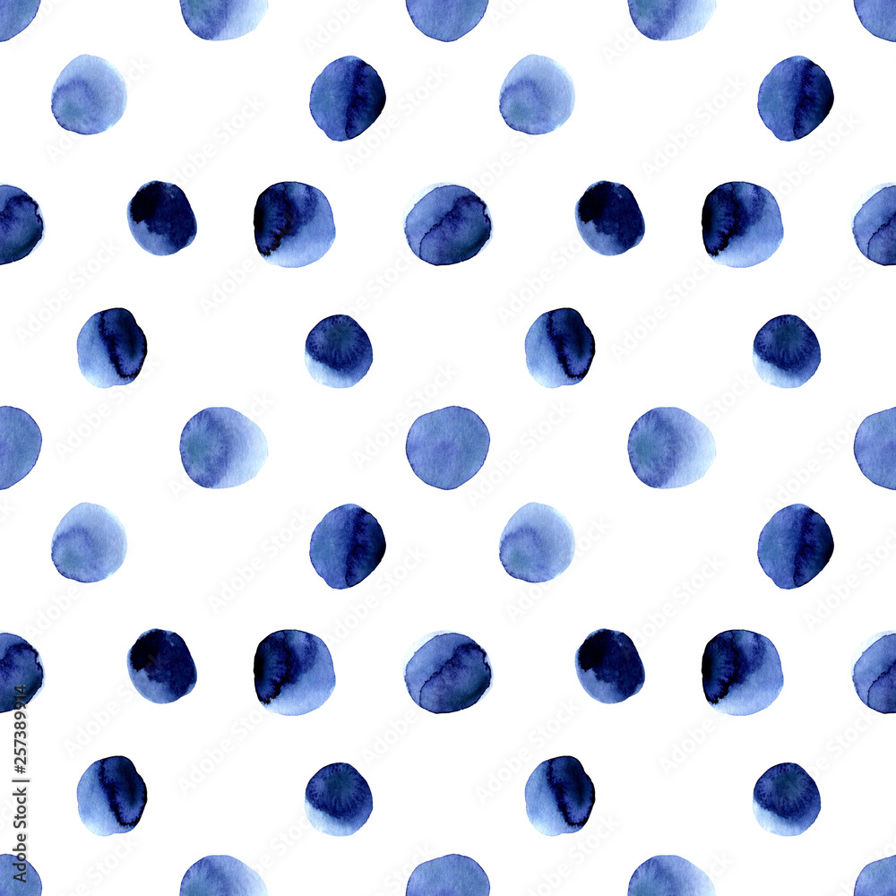 Hand Drawn seamless pattern with indigo blue watercolor simple polka dots. Isolated on white ...