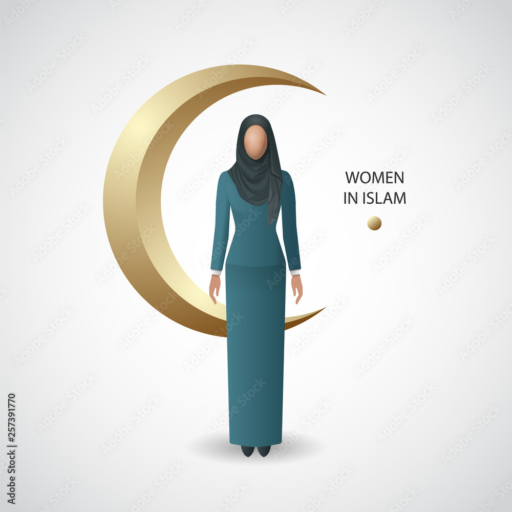 Women in islam poster. Muslim woman on gold muslim crescent background ...