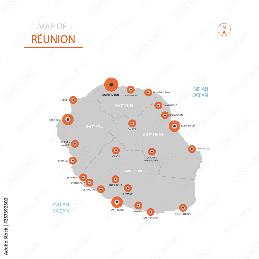 Stylized vector Reunion map showing big cities, capital Saint-Denis ...