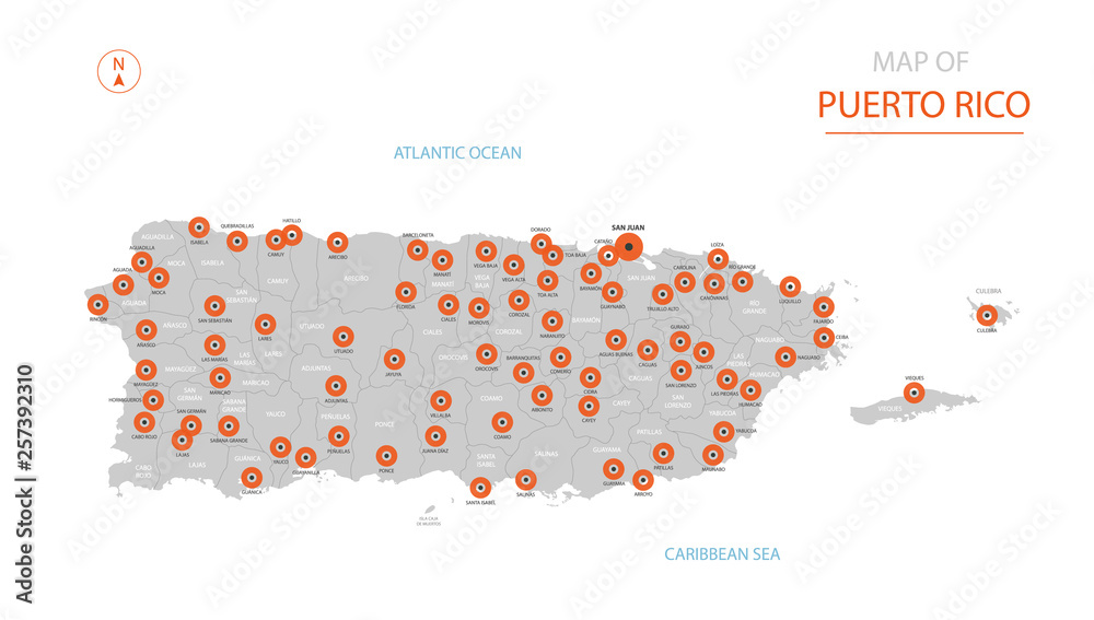 Stylized vector Puerto Rico map showing big cities, capital San Juan ...