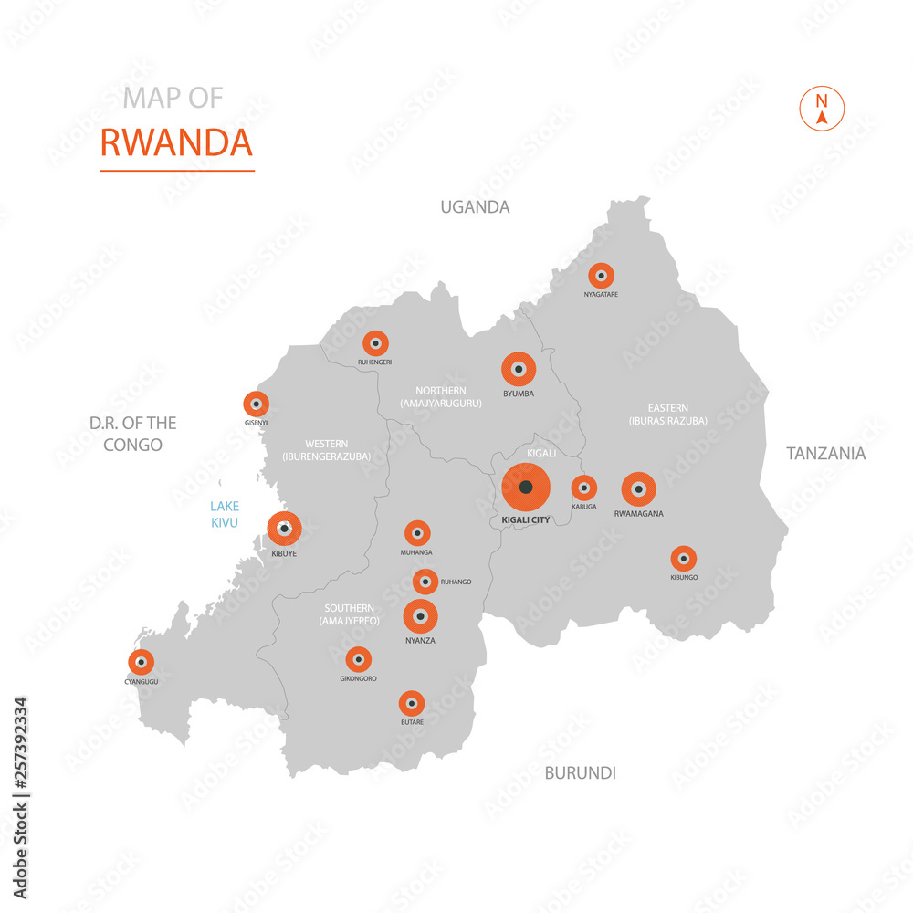 Stylized vector Rwanda map showing big cities, capital Kigali ...