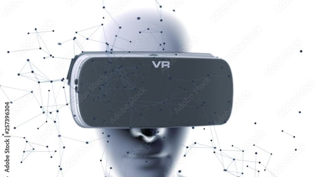 3D animation of a head with VR glasses in a bright environment. Lines ...