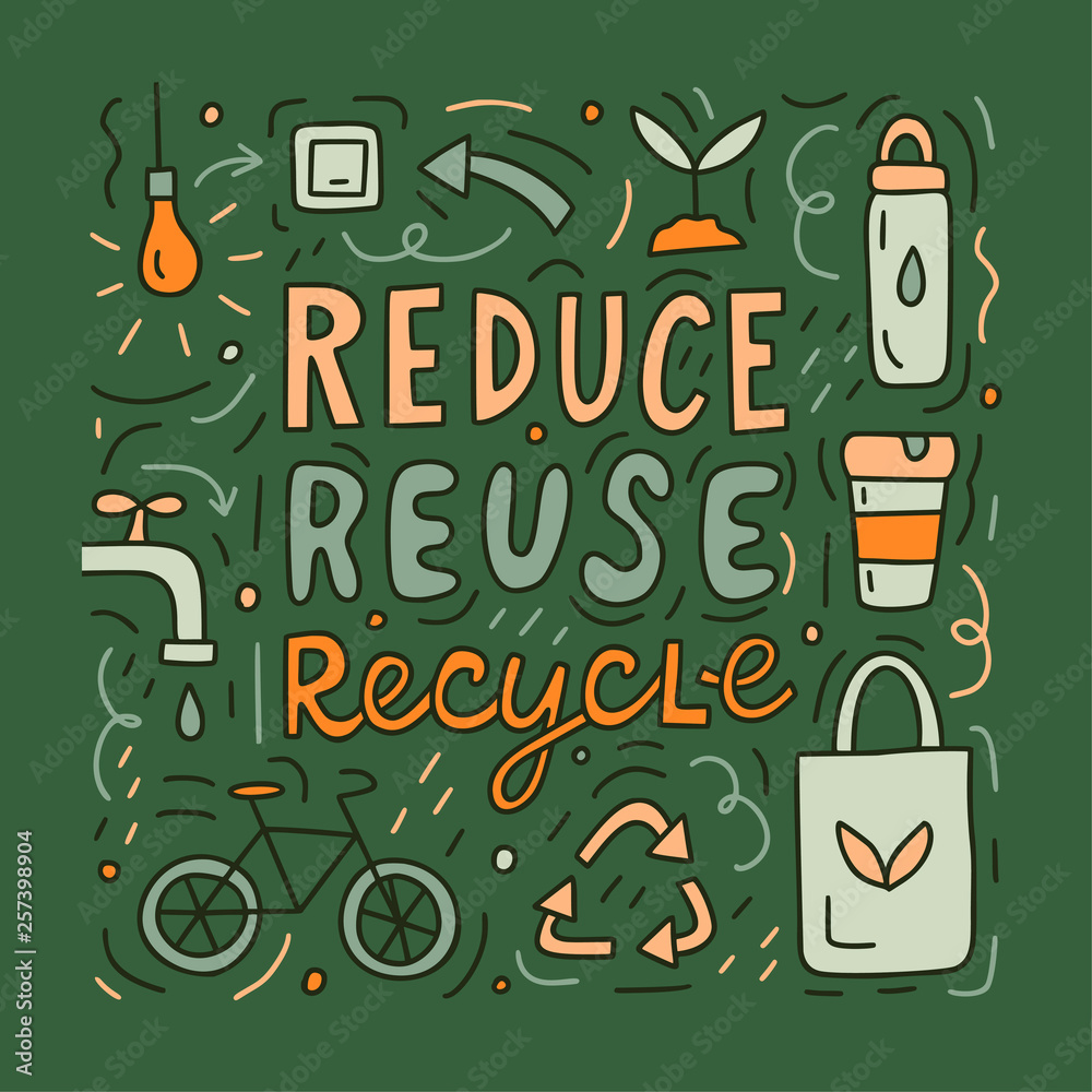 Reduce, reuse, recycle. Ecology concept with hand lettering. Vector ...