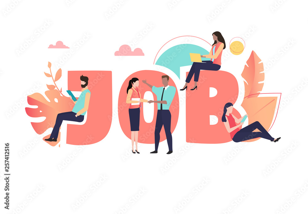 Job, coral poster with people working. Staff recruitment and open ...