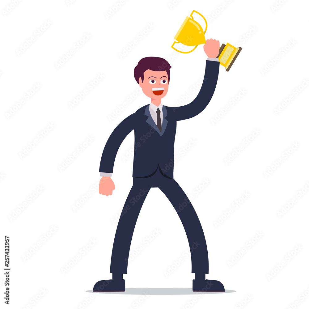 Businessman holding trophy with isolated white background.Cartoon ...