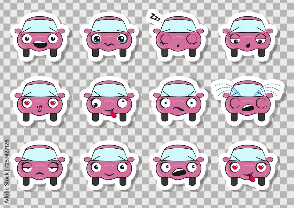 Set of stickers with funny pink cars on a transparent background ...
