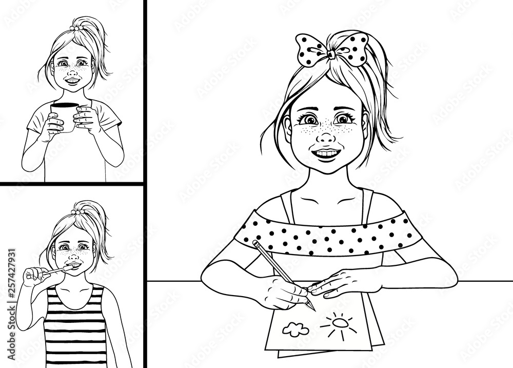 Daily routine. Coloring page outline of cartoon cute girl. Coloring ...
