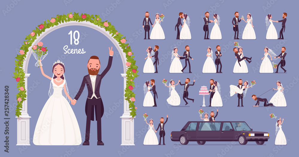 Bride and groom on wedding ceremony character set. Elegant tuxedo man ...