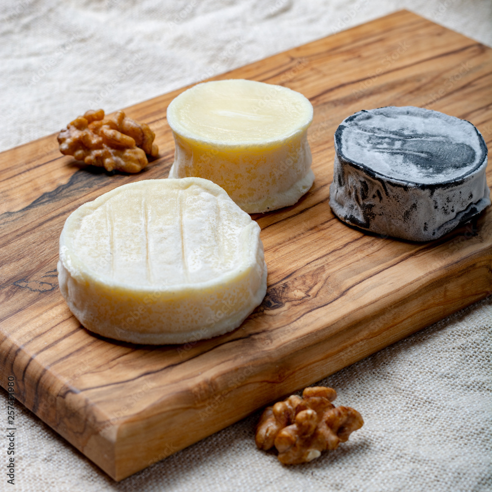 Assortment of French soft goat cheeses, Chevre Cendre, Cabecou Du ...