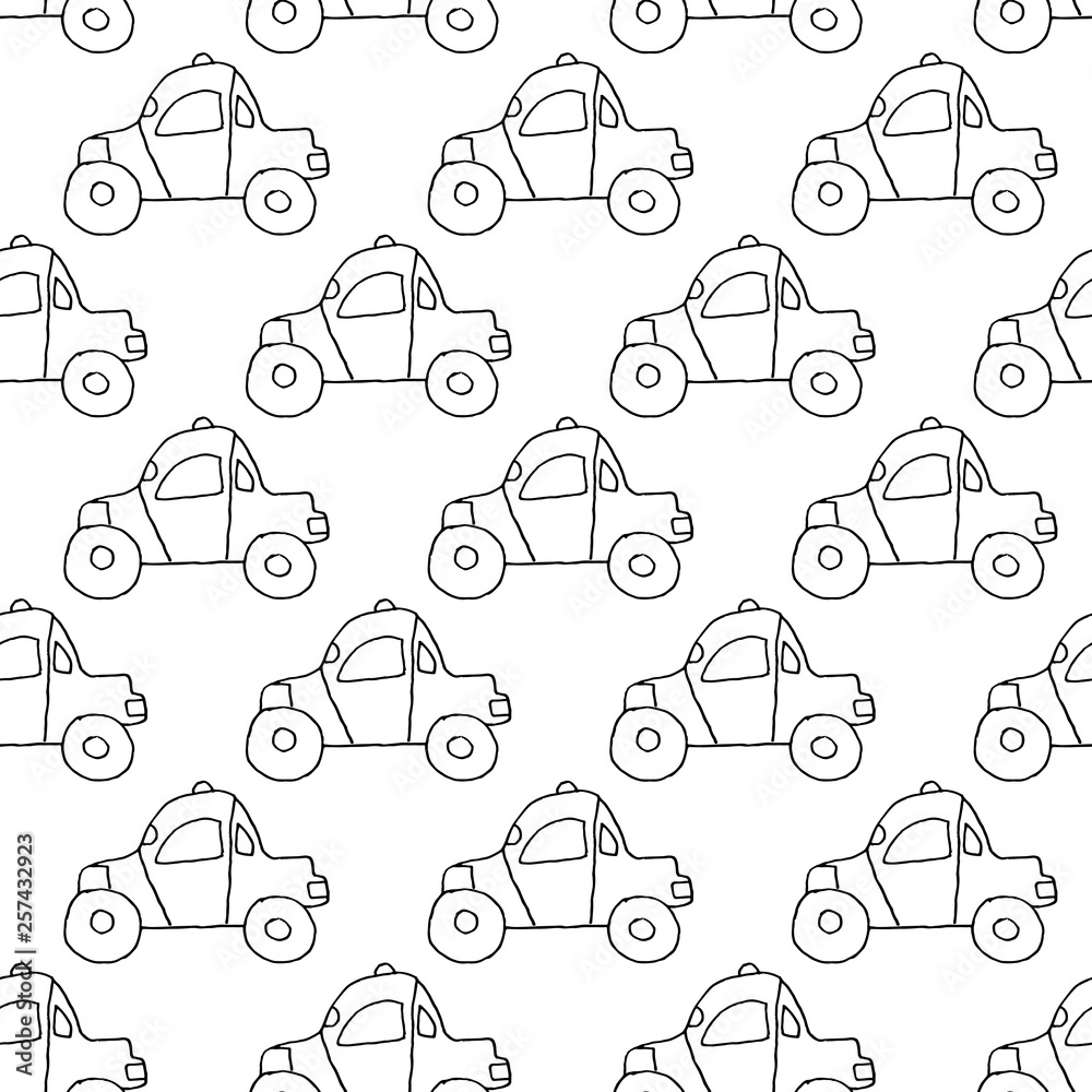 Cartoon car pattern with hand drawn cars. Cute vector black and white ...