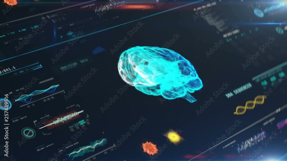 Device screen with brain scan data, DNA molecules research, genetic ...
