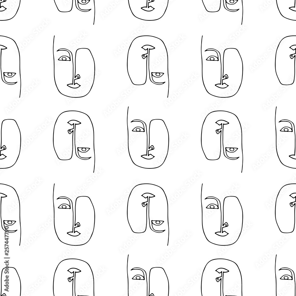 Seamless pattern with abstract outline silhouette of human face.Black ...
