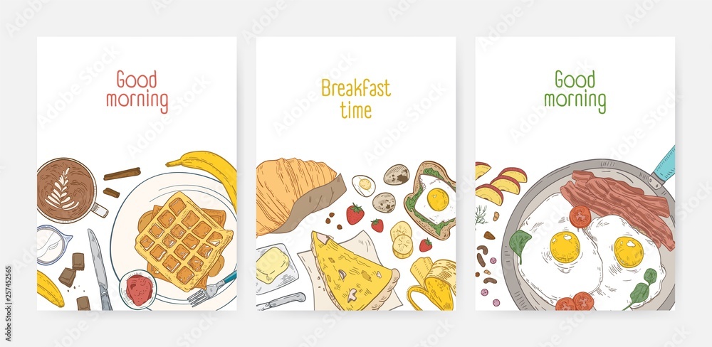 Collection of poster or card templates with tasty healthy breakfast ...