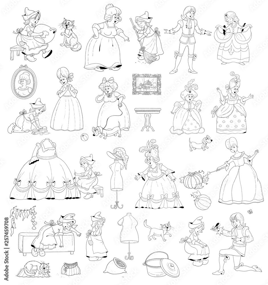 Cinderella. Fairy tale. Coloring book. Coloring page. Set of cute ...