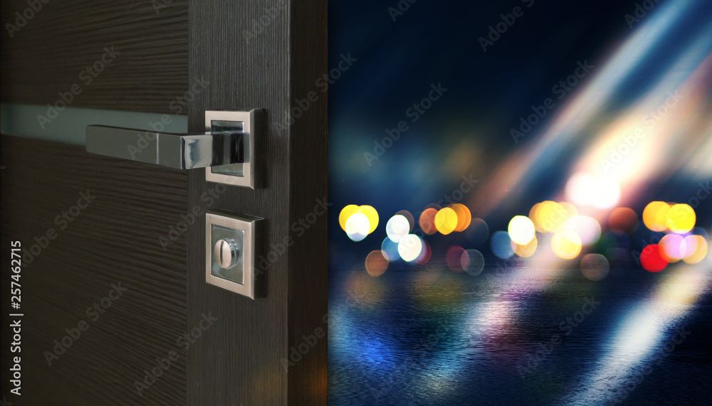 Empty scene background. Open wooden doors. Behind the open door ...