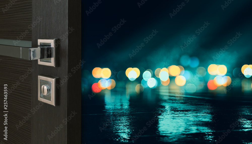 Empty scene background. Open wooden doors. Behind the open door ...