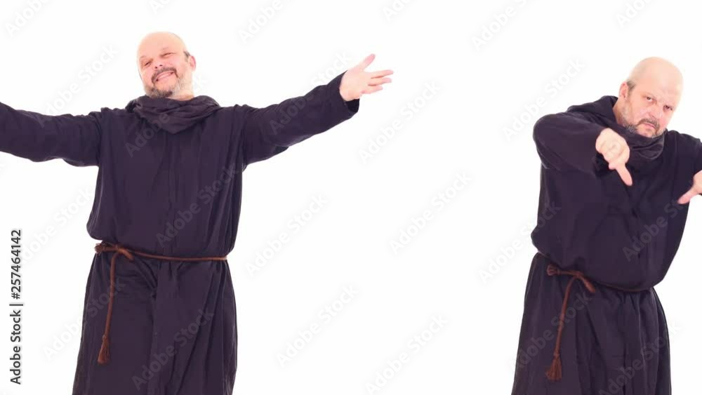 two same men in monk hoodies showing positive & negative emotions white ...