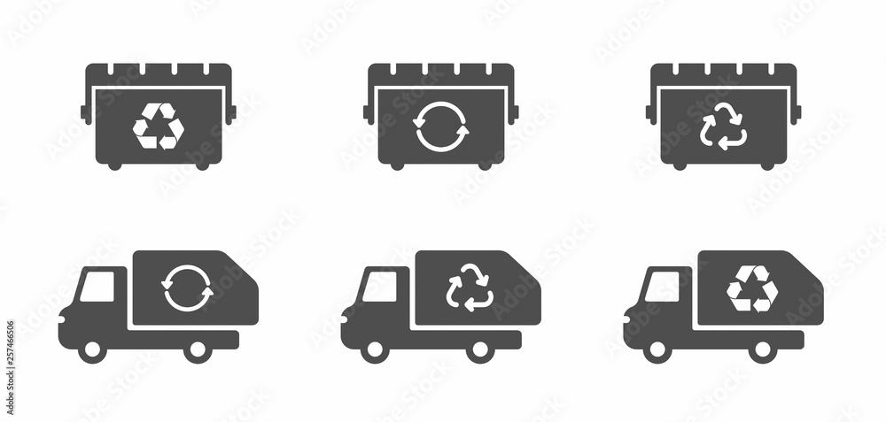 trash can and garbage truck vector icon set. garbage removal icons with ...